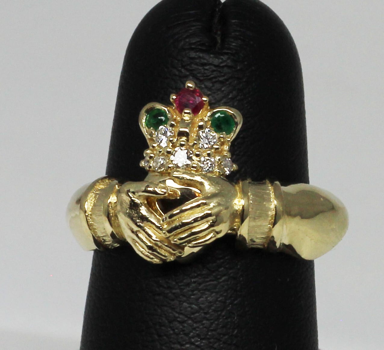 Irish Gimble Claddagh ring,14K, emeralds, ruby anddiamonds,