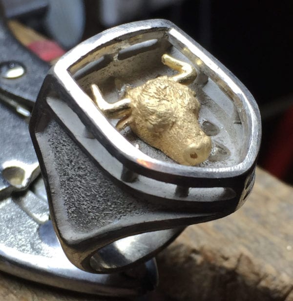 Man's Bull Ring in white and yellow gold by Postgate