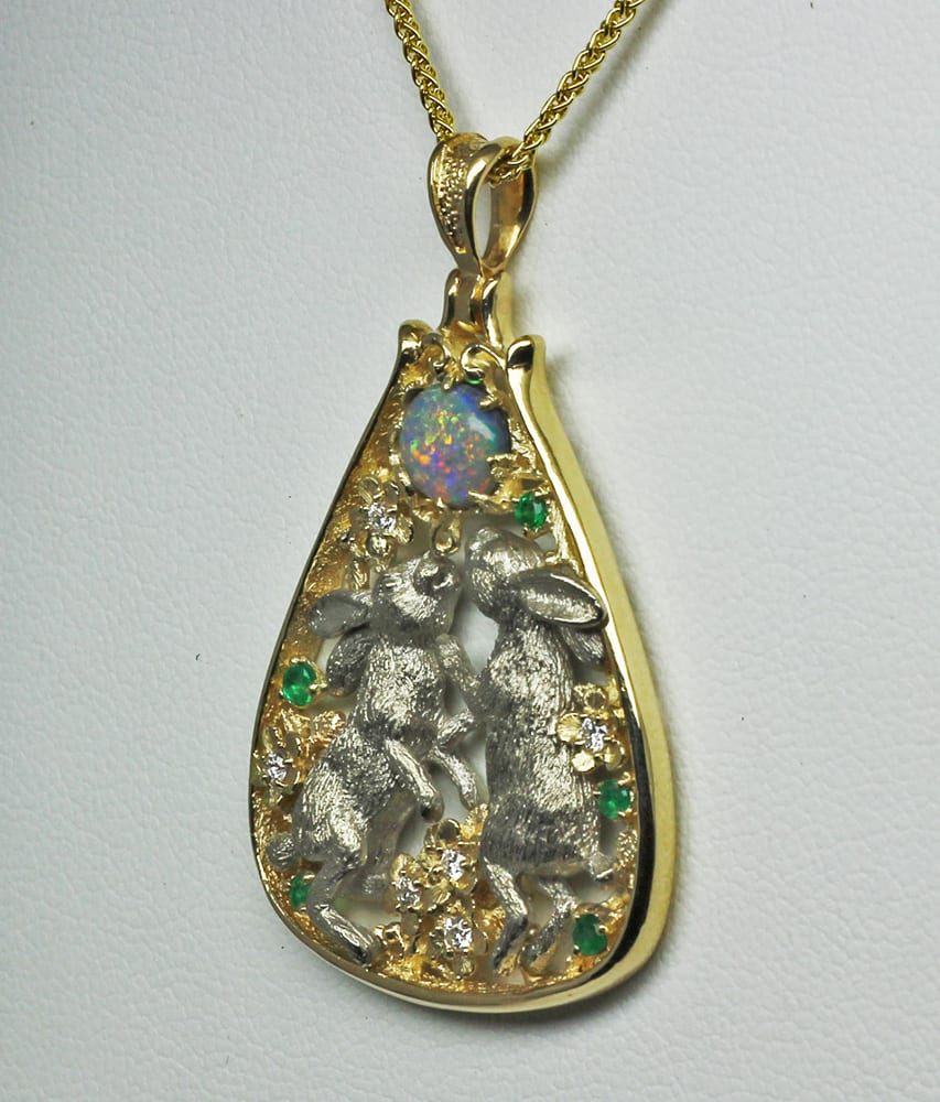 Dancing White Rabbits Pendant, Black opal, & precious stones