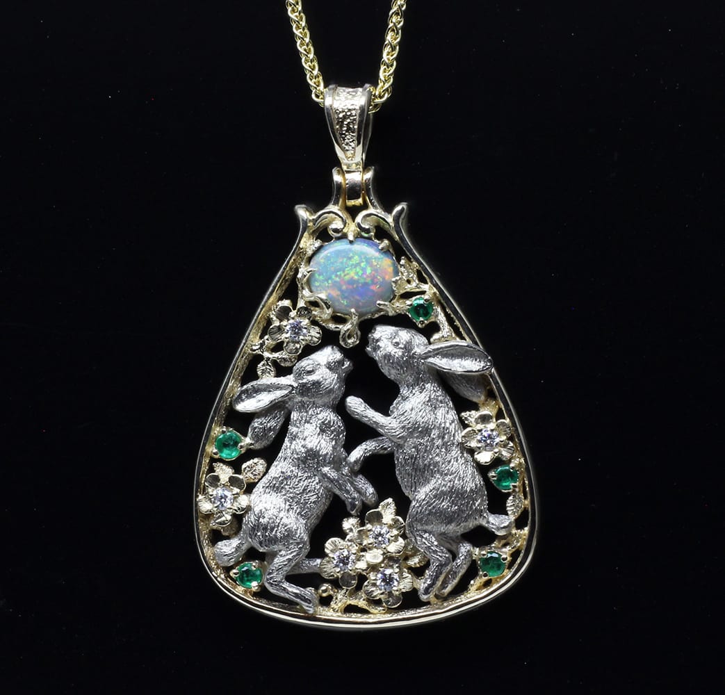 Dancing White Rabbits Pendant, Black opal, & precious stones