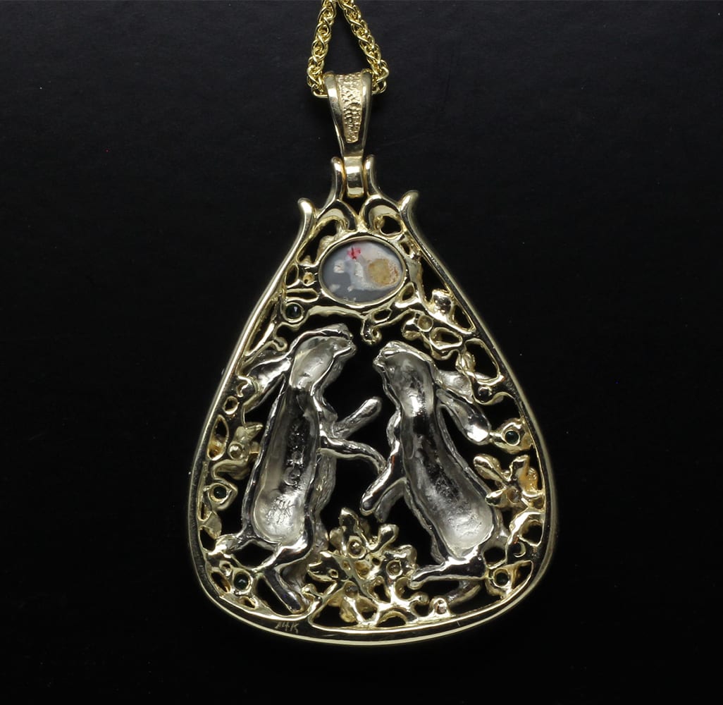 Dancing White Rabbits Pendant, Black opal, & precious stones