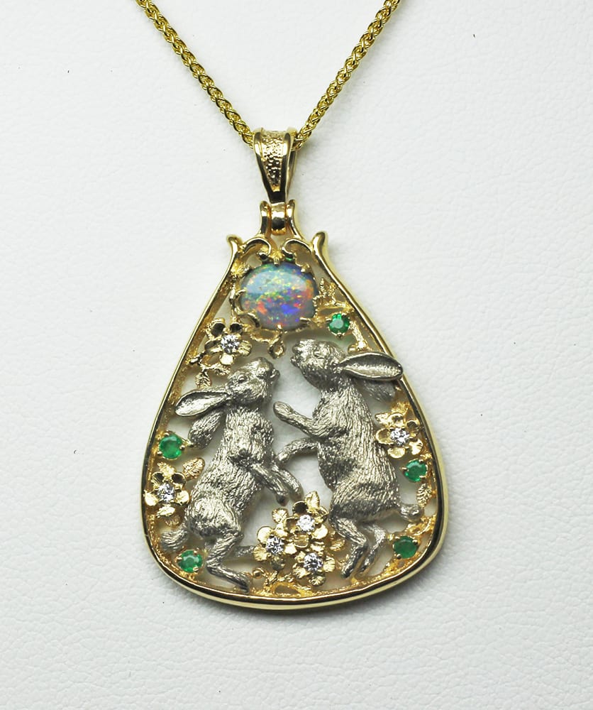 Dancing White Rabbits Pendant, Black opal, & precious stones