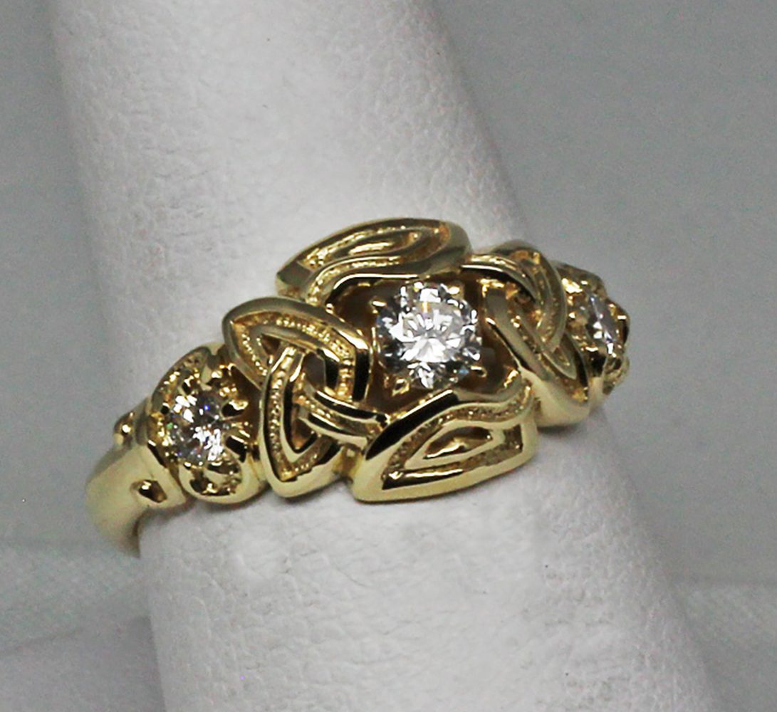 Celtic Diamond Knot Ring with three diamonds, 14K by George