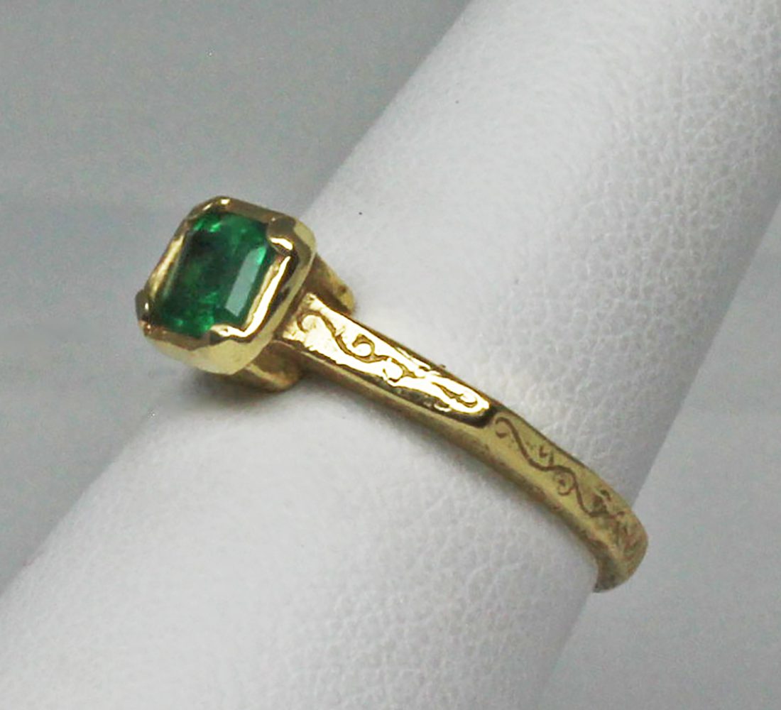 Medieval engraved emerald ring by Suzan Postgate, 14K, size 6 1/4.