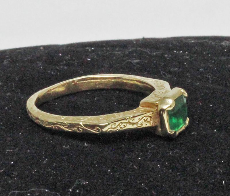 Medieval engraved emerald ring by Suzan Postgate, 14K, size 6 1/4.