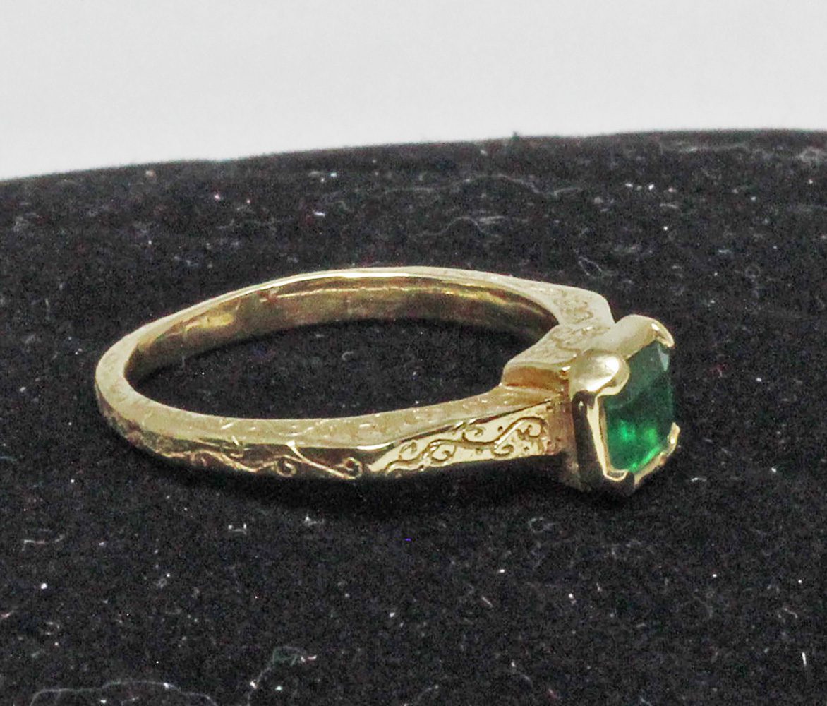 Medieval engraved emerald ring by Suzan ,14K, size 6 1/4