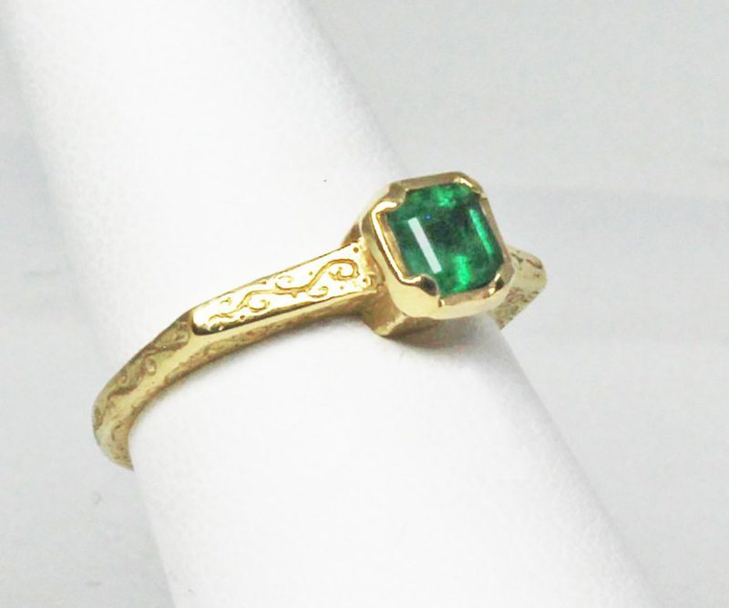 Medieval engraved emerald ring by Suzan Postgate, 14K, size 6 1/4.