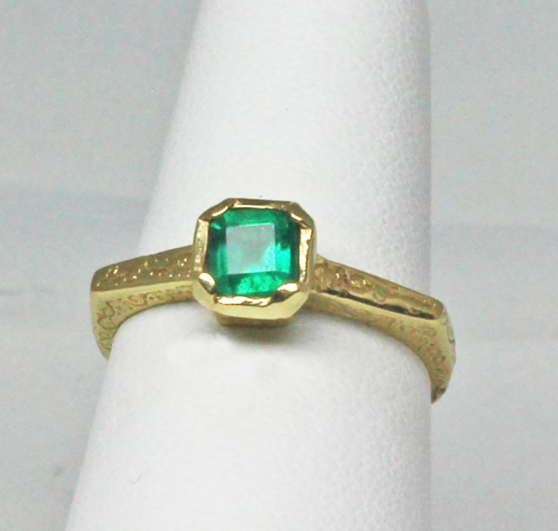 Medieval engraved emerald ring by Suzan Postgate, 14K, size 6 1/4.